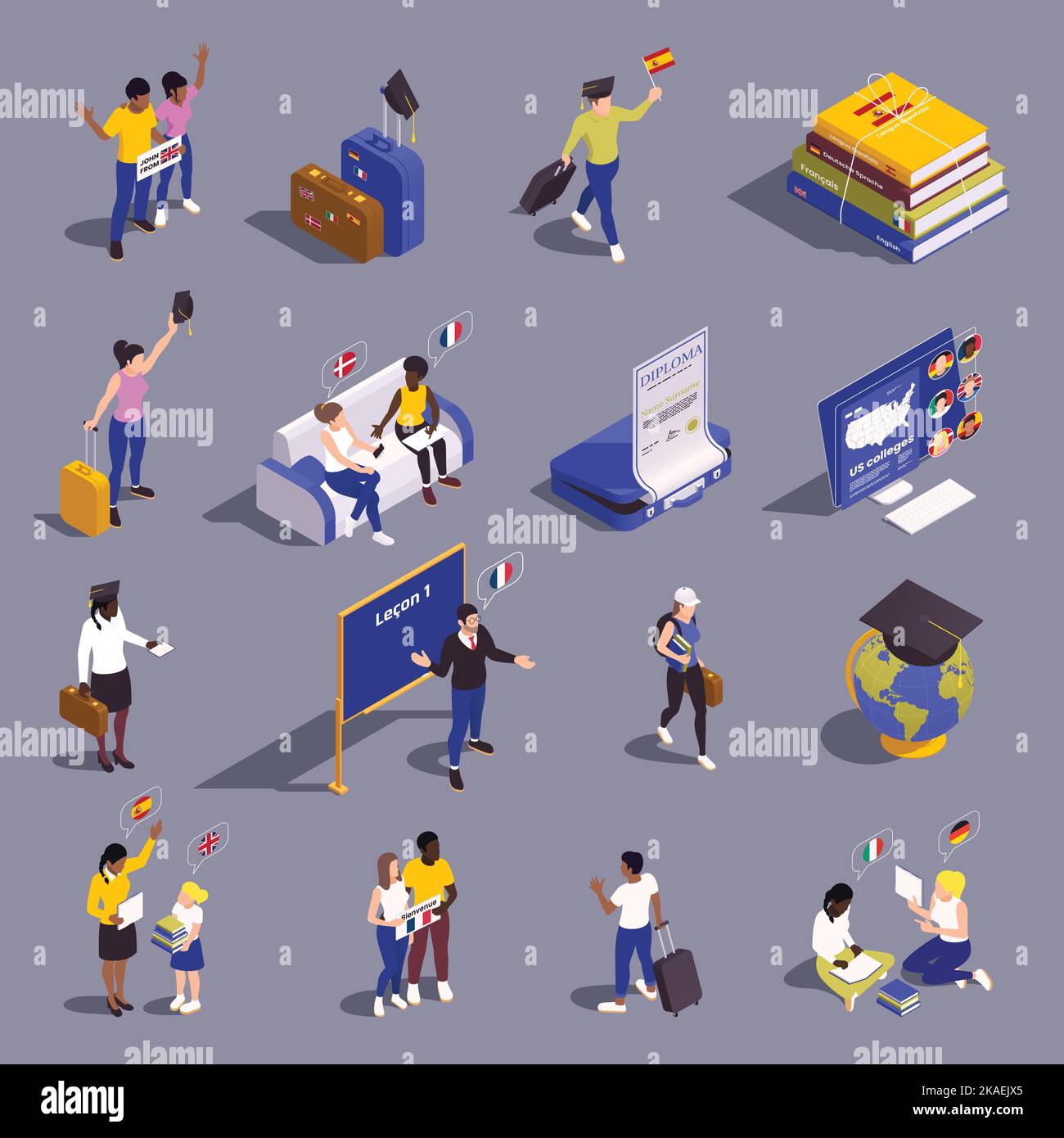 Global education student exchange isometric set with isolated ...