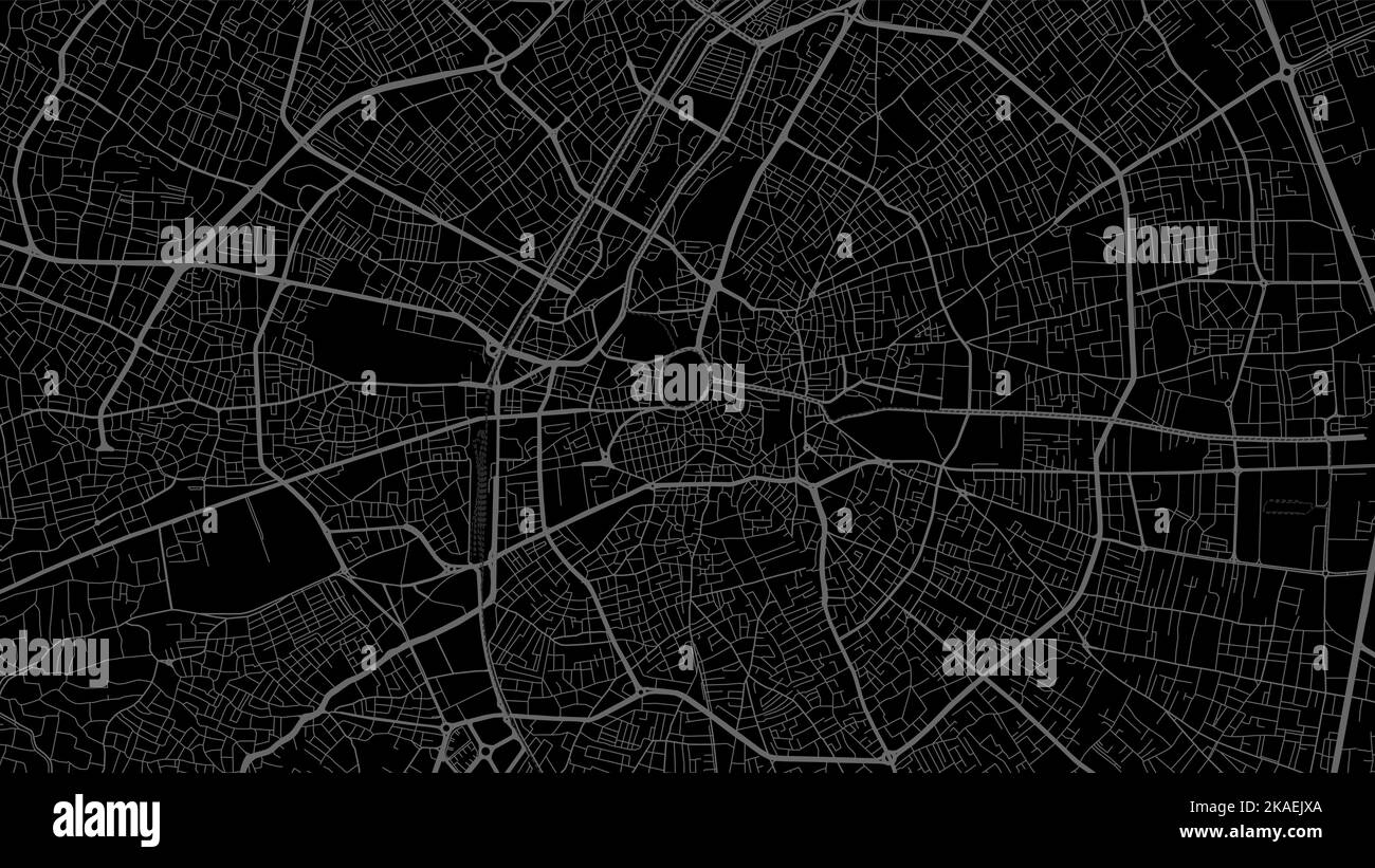 Dark black Konya city area vector background map, roads and water ...