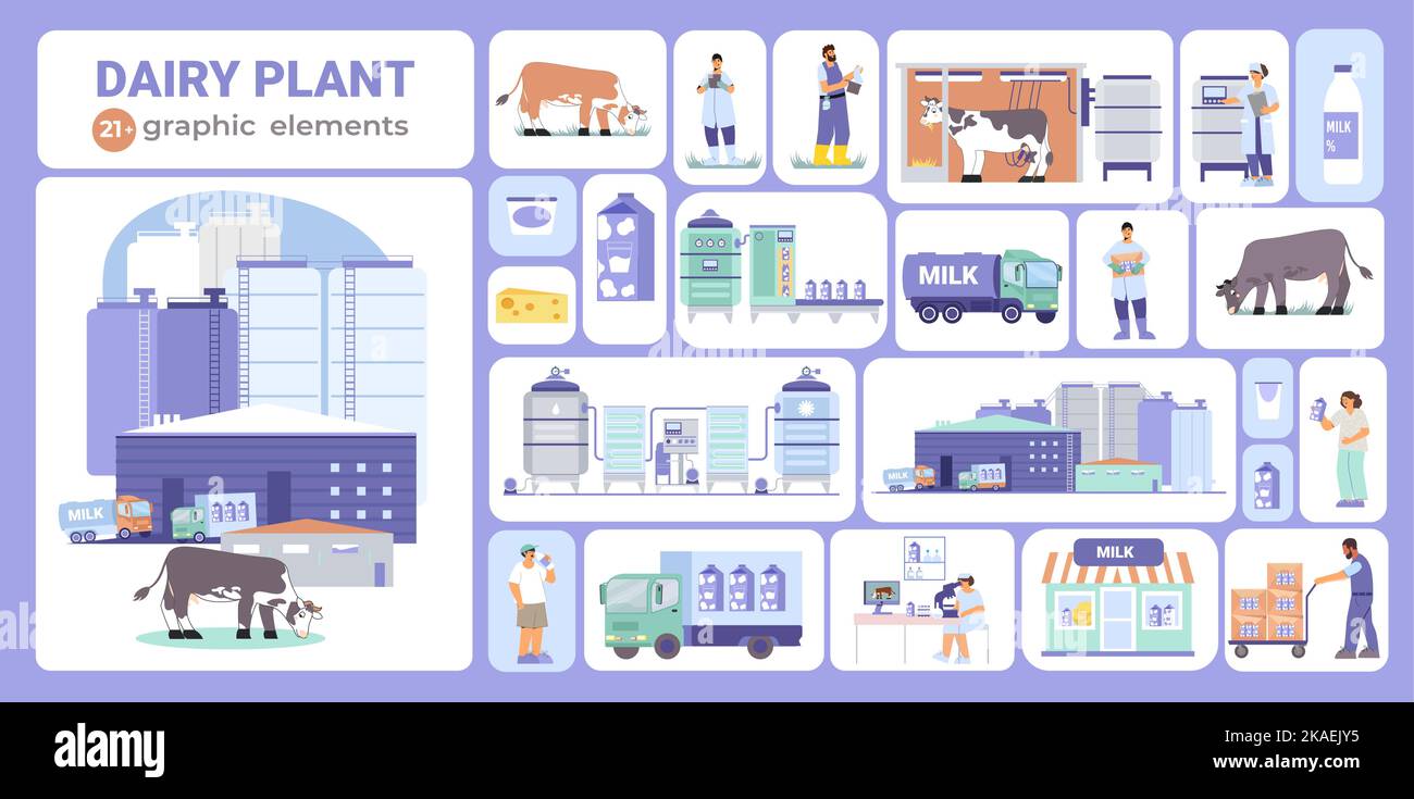 Dairy plant flat compositions set with text and cows with workers and ...
