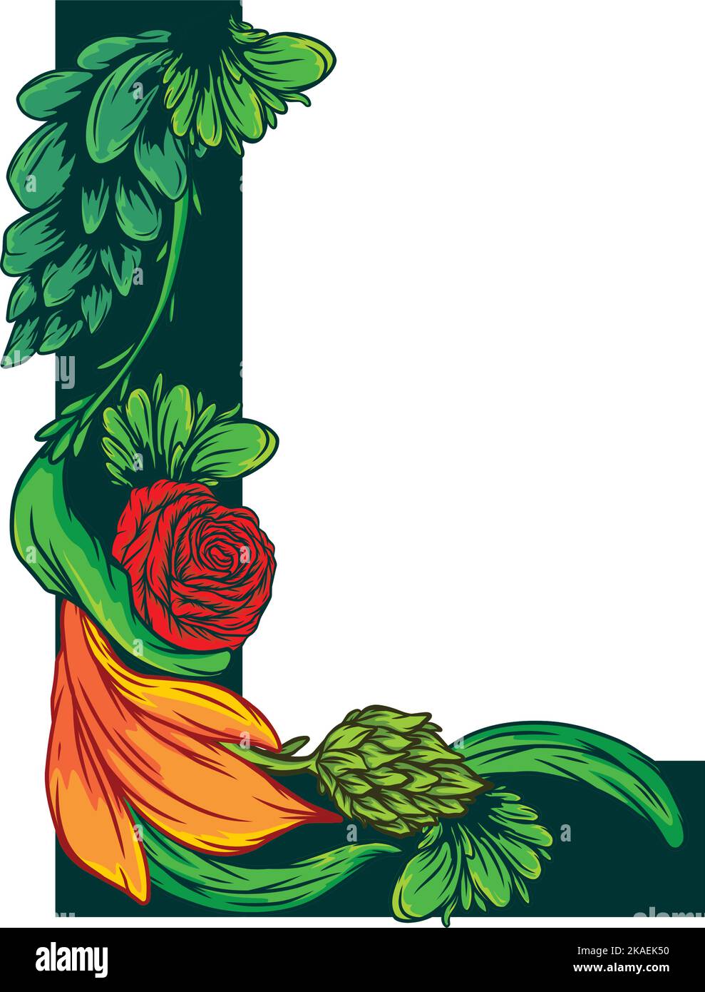 A vector of the capital L letter with green leaves and floral patterns ...