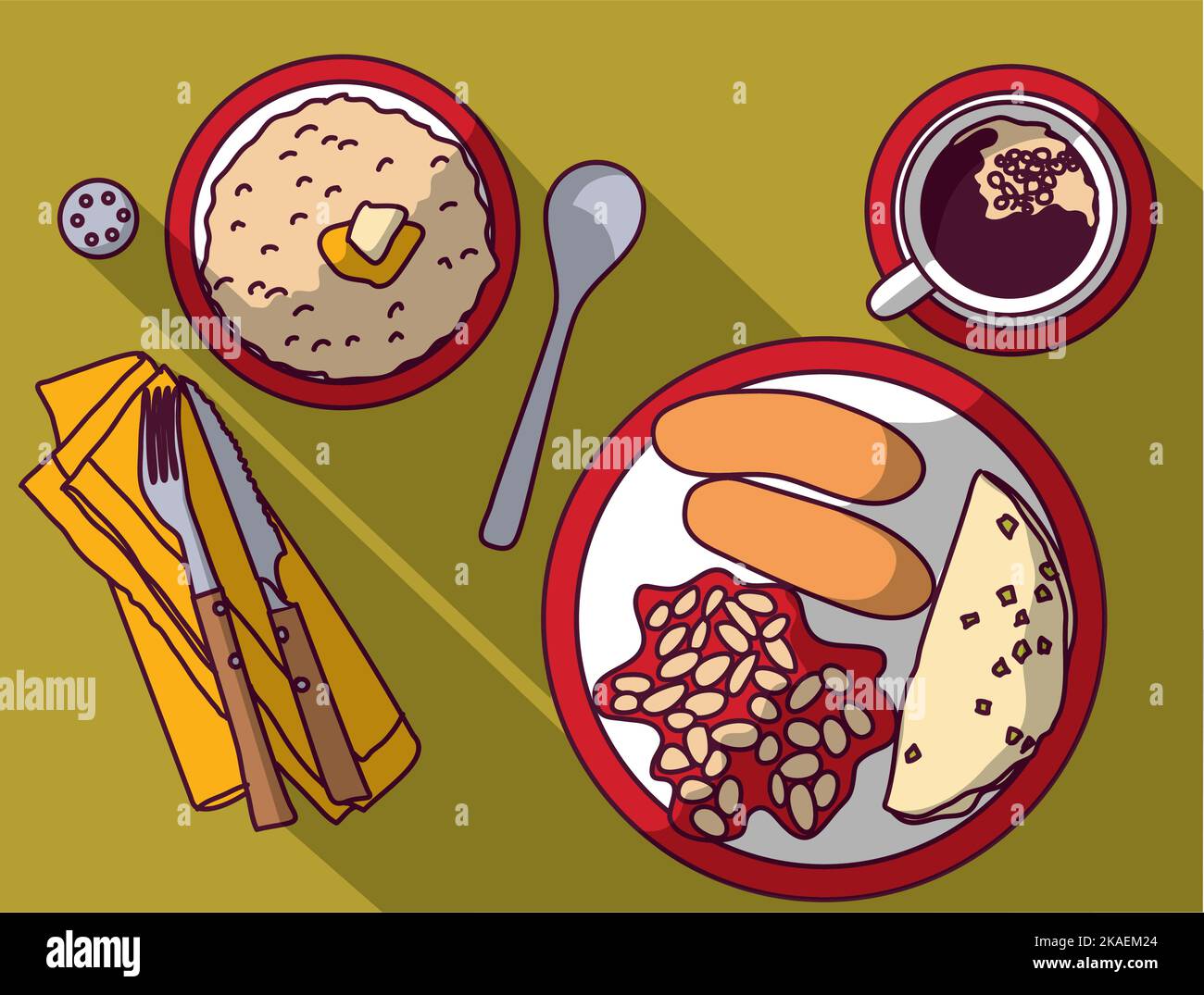 English breakfast scrambled eggs sausages coffee beans oatmeal. Color ...