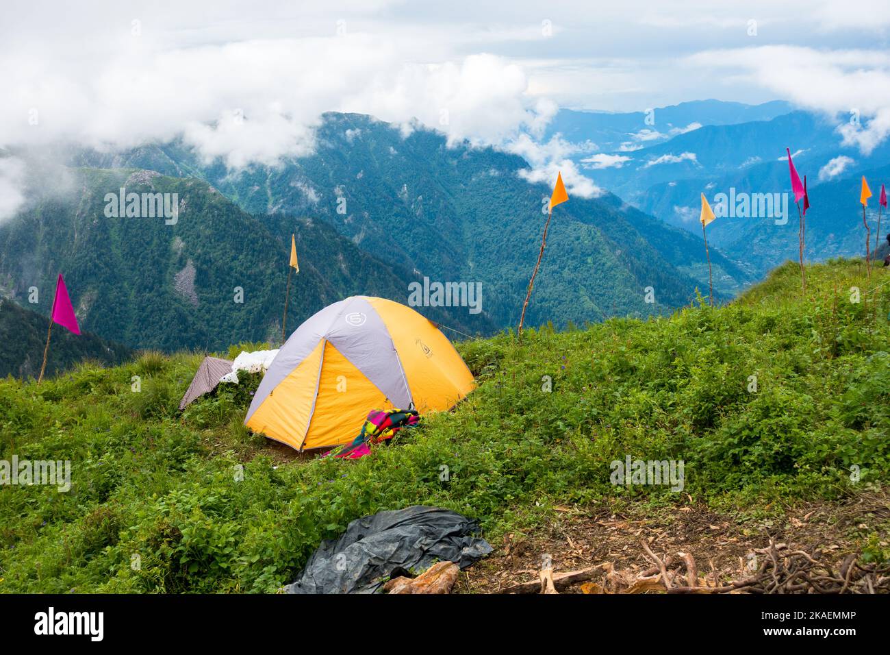 July 14th 2022, Himachal Pradesh India. Tents and camps with beautiful ...