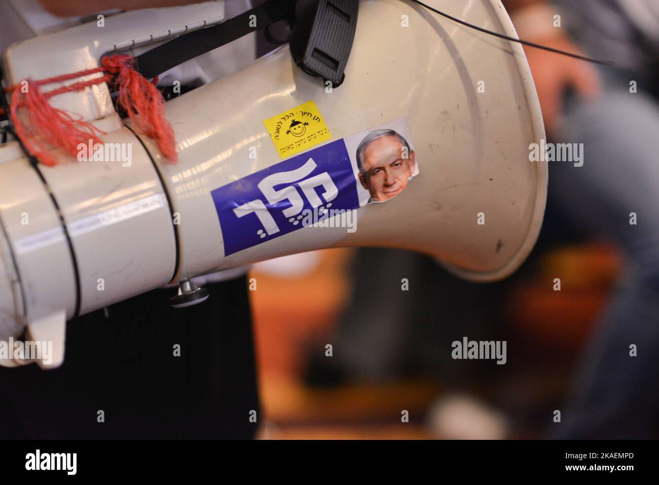 Israel. 02nd Nov, 2022. A megaphone of Benjamin Netanyahu's supporter ...