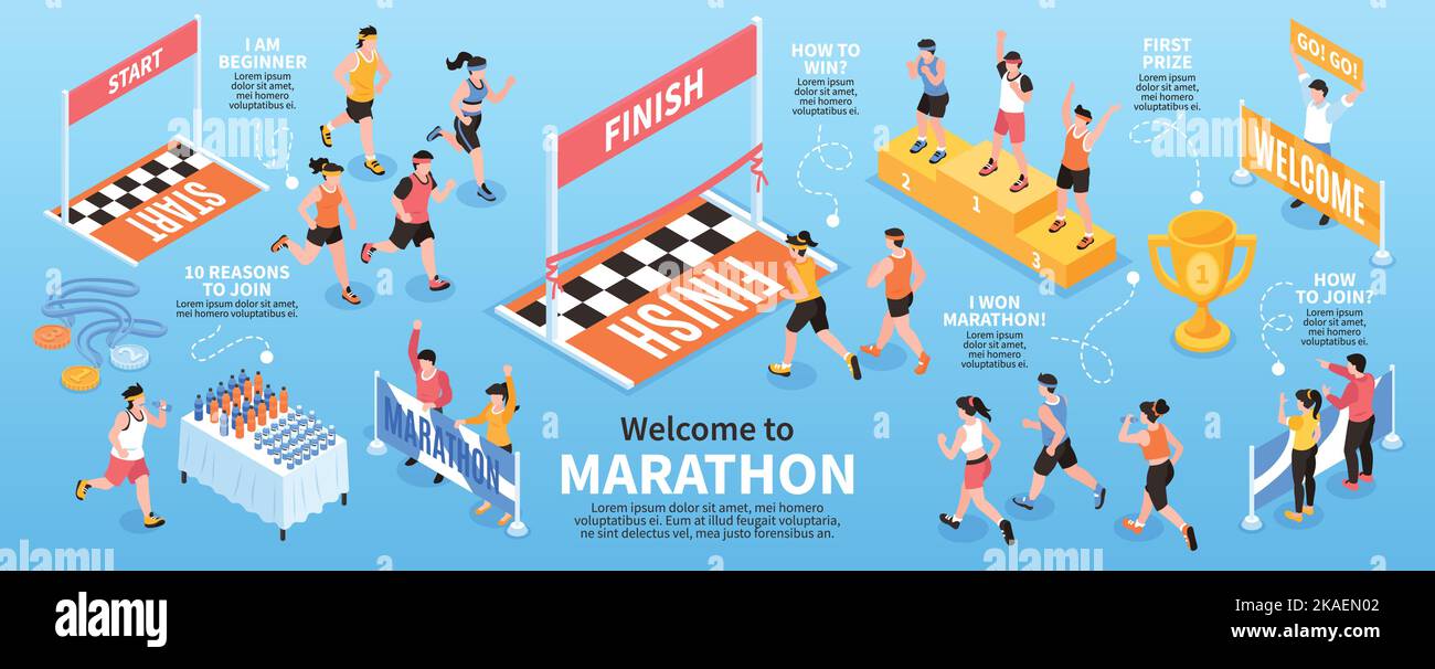Isometric marathon infographics with people running from start to finish vector illustration ...