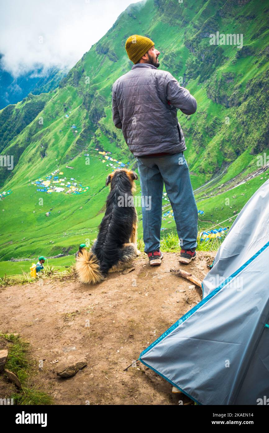 July 14th 2022, Himachal Pradesh India. A man with his himalayan ...