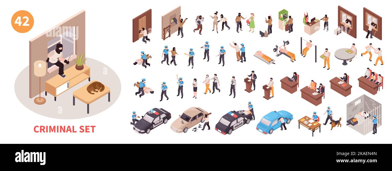 Isometric criminal set with crime police and prison scenes isolated ...