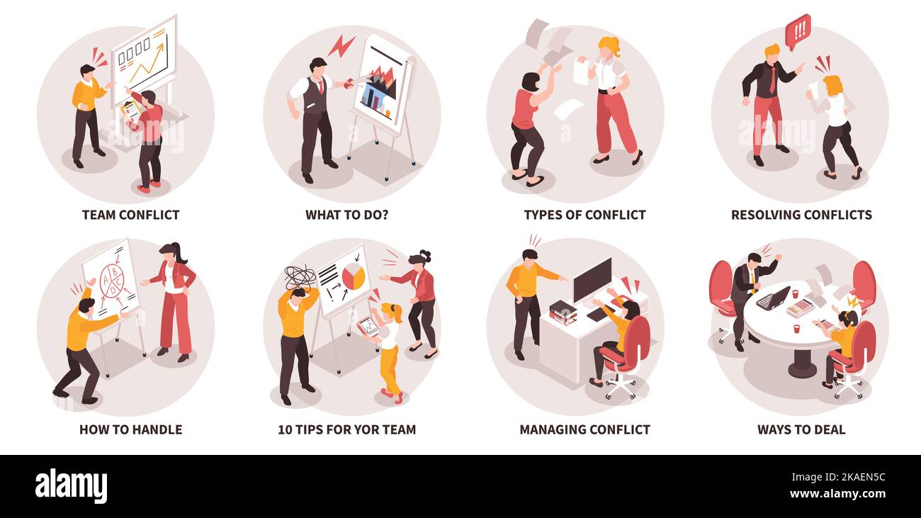 Isometric team conflict composition set with managers solving problems ...