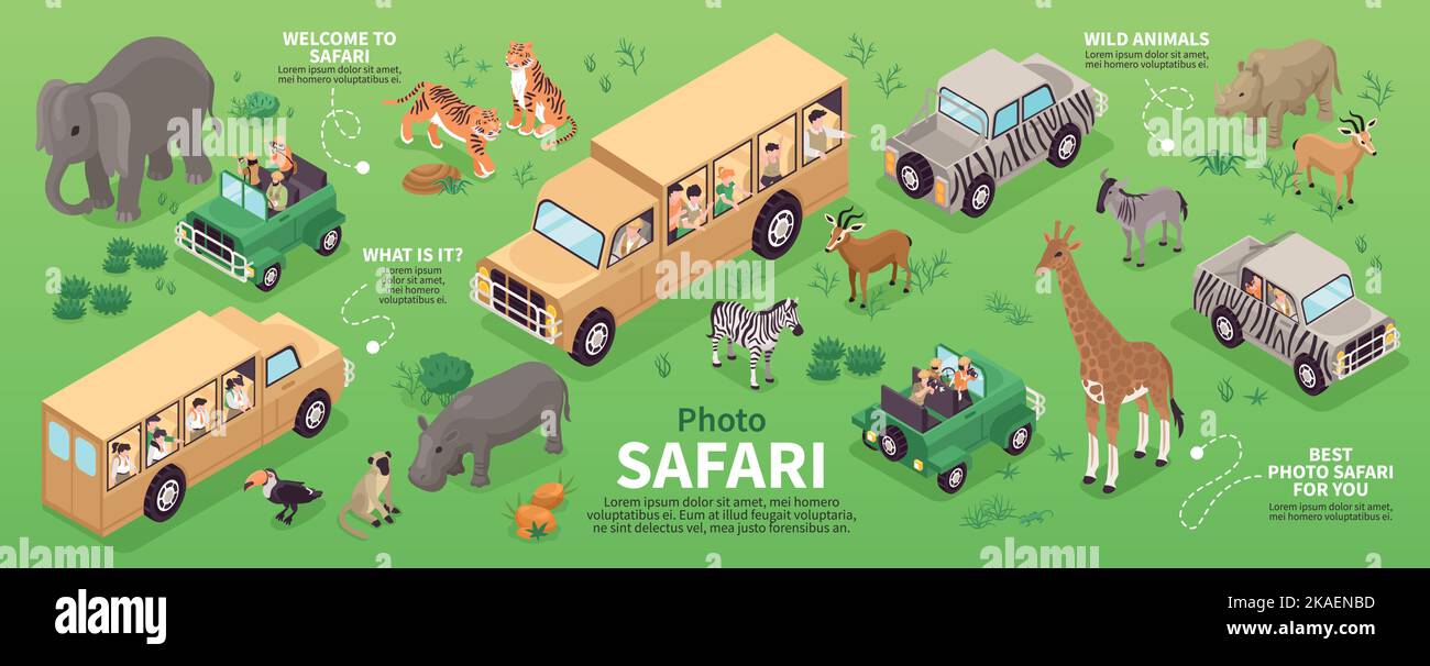 Isometric photo safari concept with people traveling in wild savanna ...
