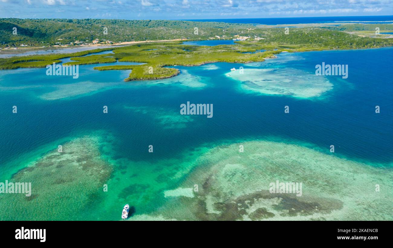 An aerial view of a blue lagoon on a bright sunny day Stock Photo - Alamy