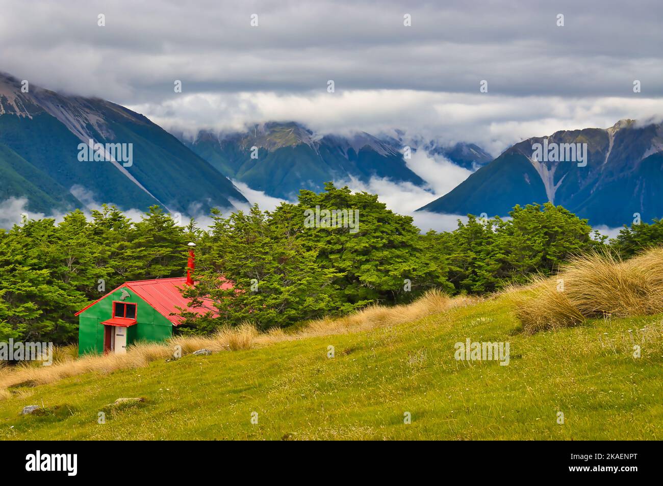 The historic Bushline Hut on Mount Robert, Nelson Lakes National Park ...