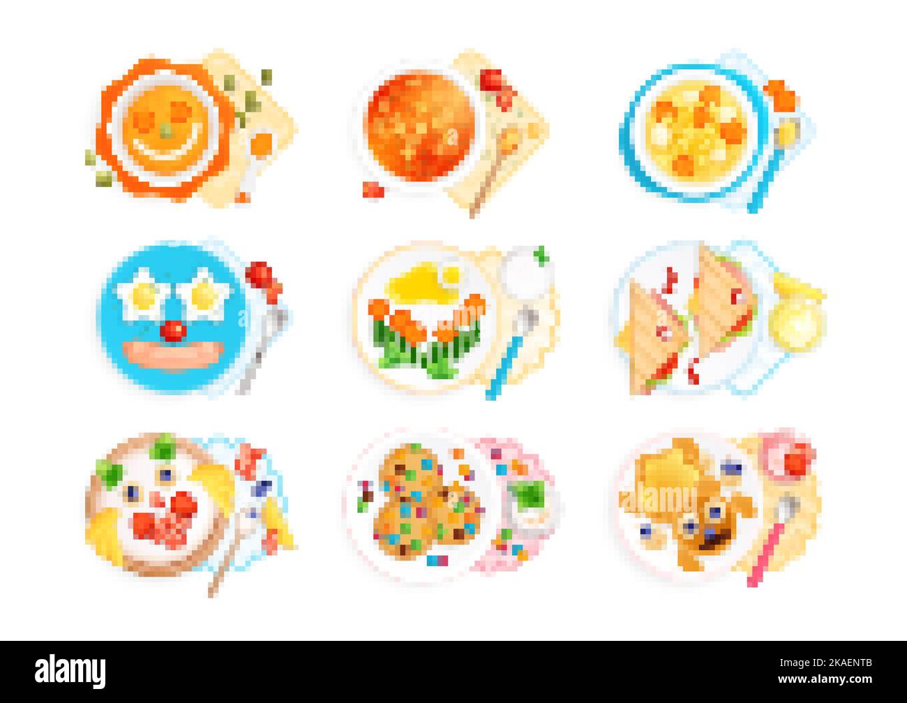 Childish dishes food design flat set with isolated compositions of ...