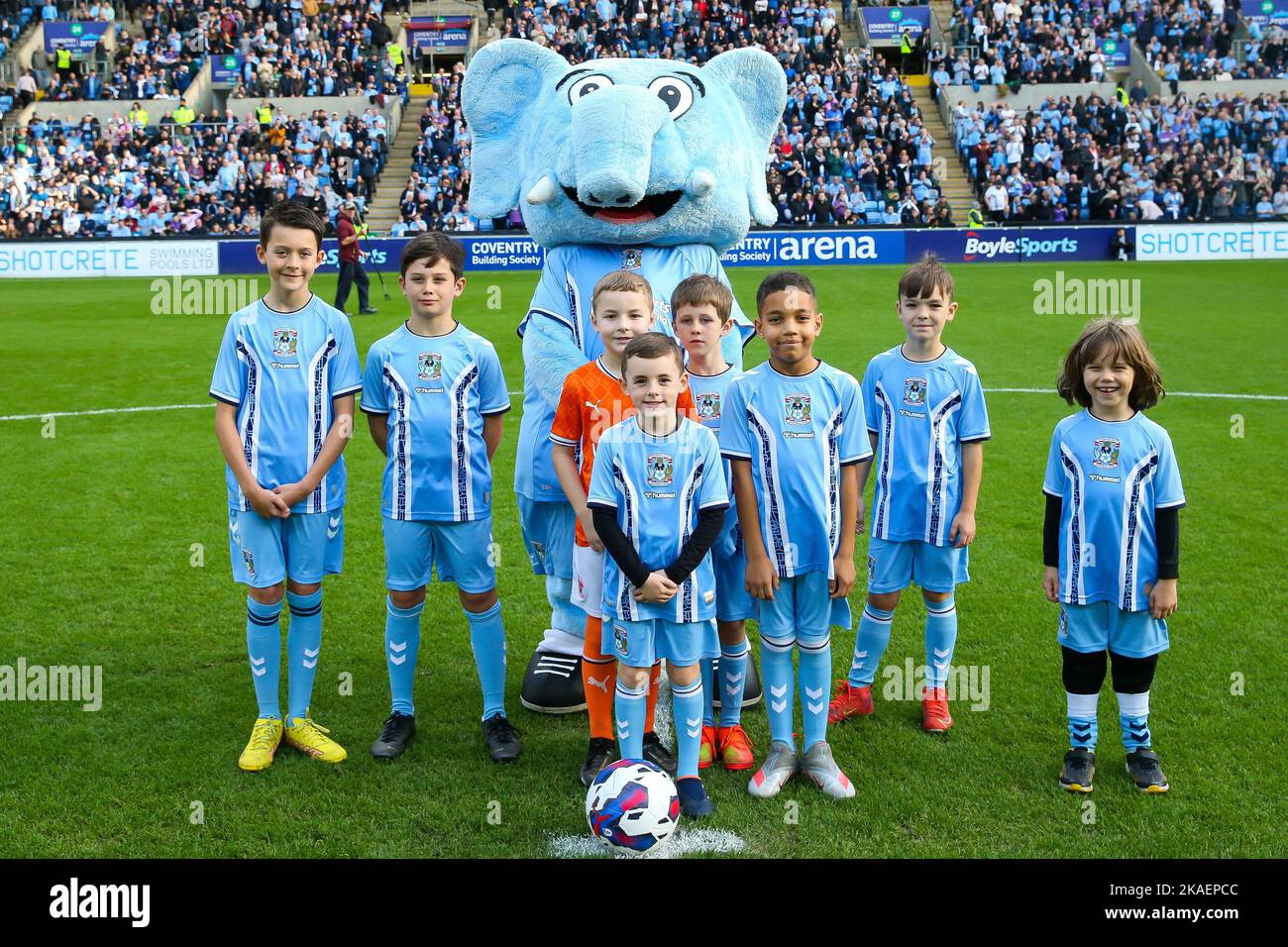 Coventry City mascot Sky Blue Sam poses with the match day mascots on ...