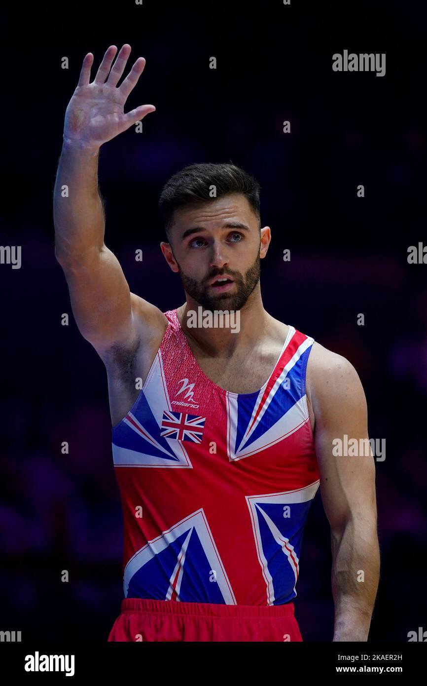 Great Britain’s Giarmni Regini-Moran waves during day five of the FIG ...