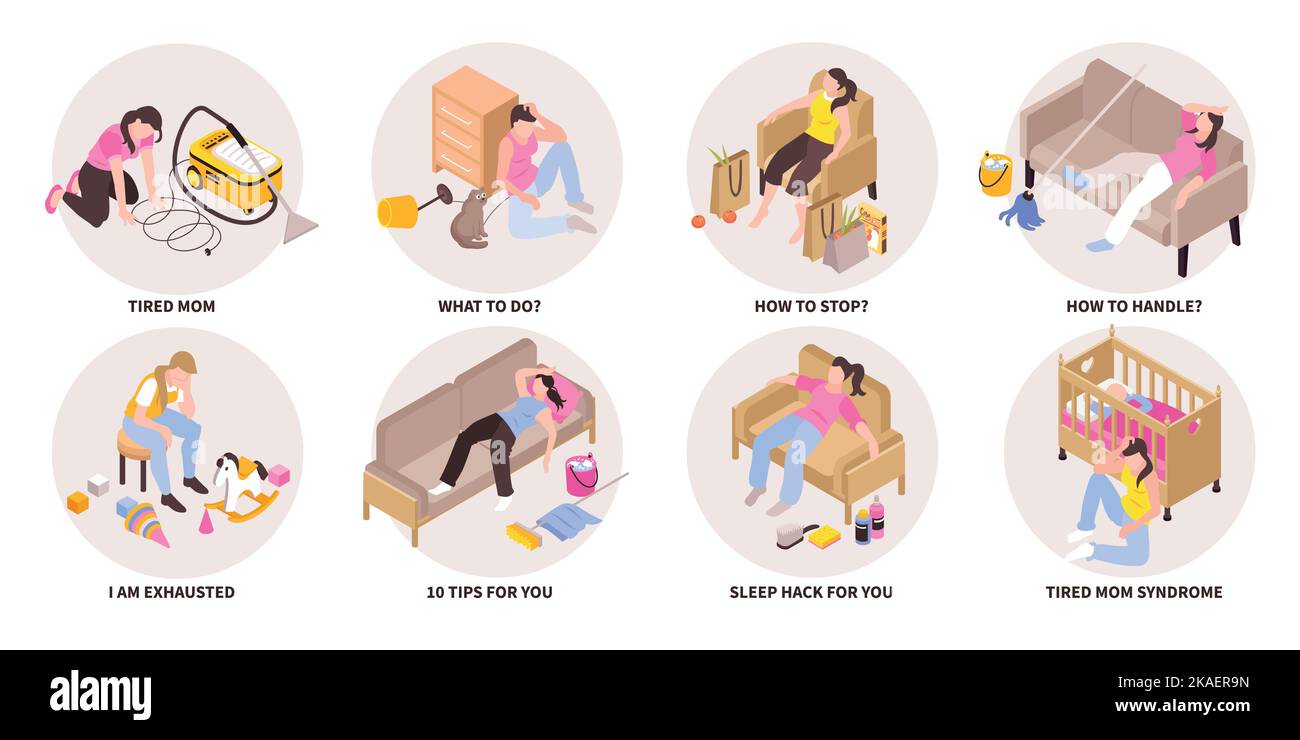 Housewife isometric concept set with women tired of housework isolated ...