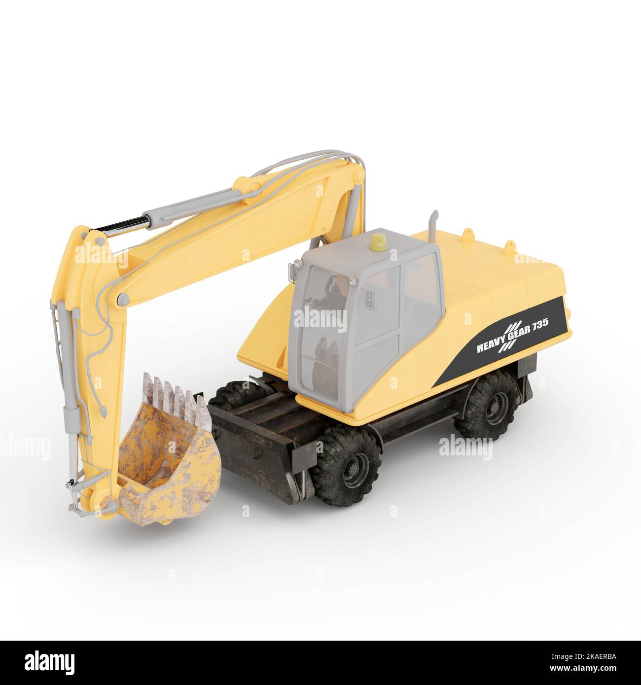 A yellow wheeled excavator isolated on a vertical white background ...