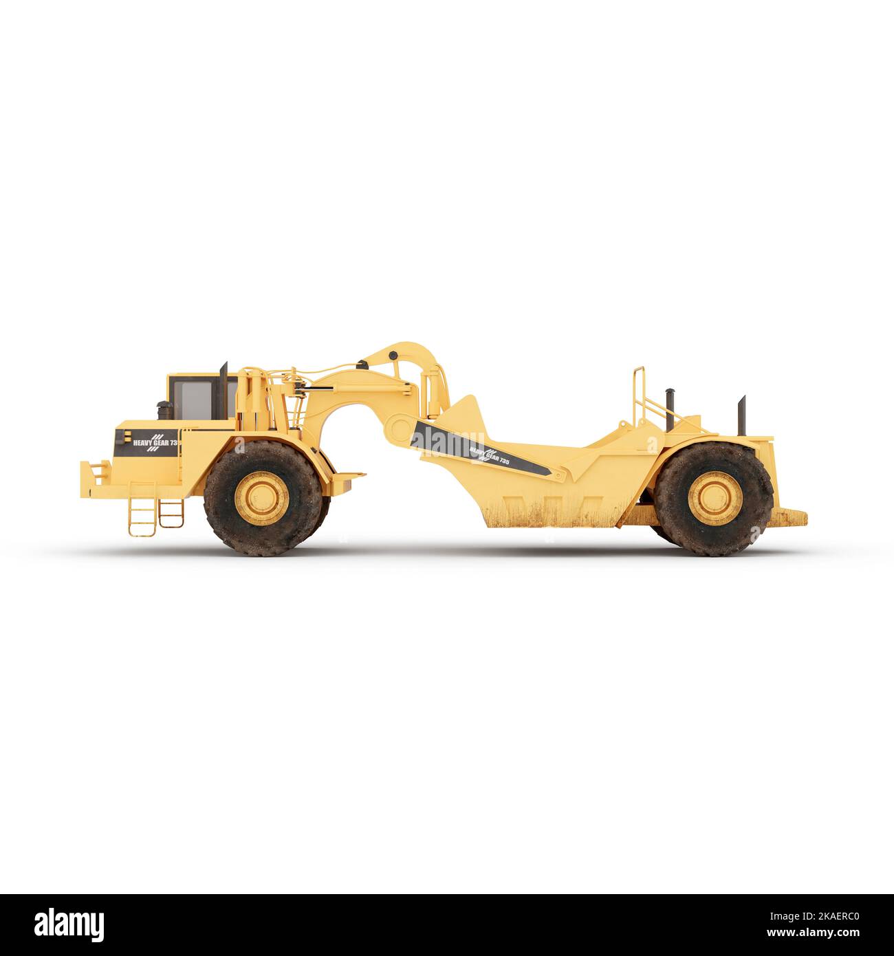 A yellow wheel tractor-scraper isolated on a vertical white background ...