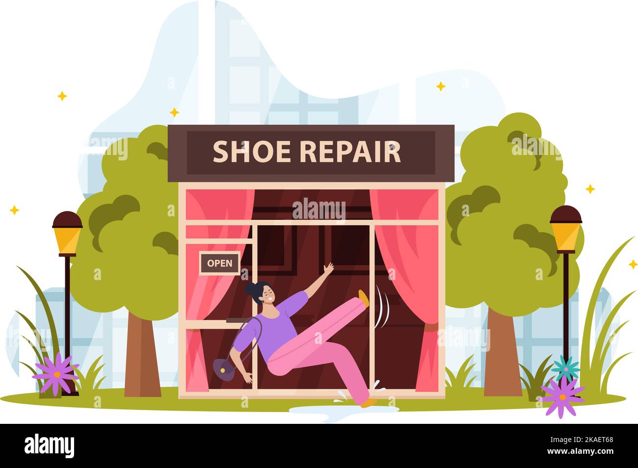 Woman slipping on puddle and falling in front of shoe repair store ...