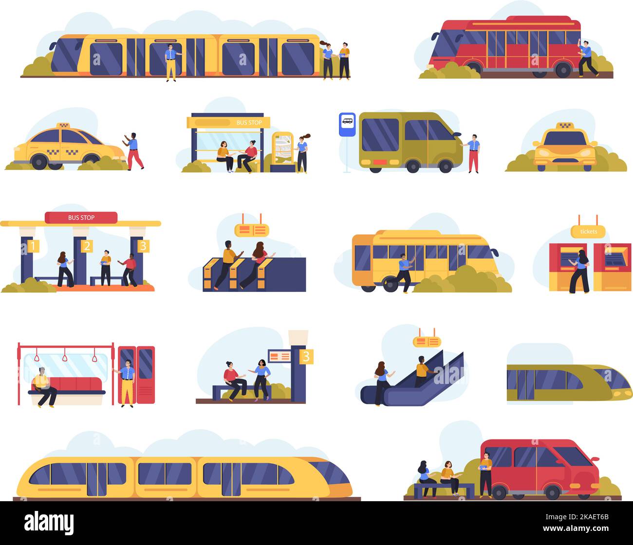 People in public transport flat set with characters waiting for bus ...