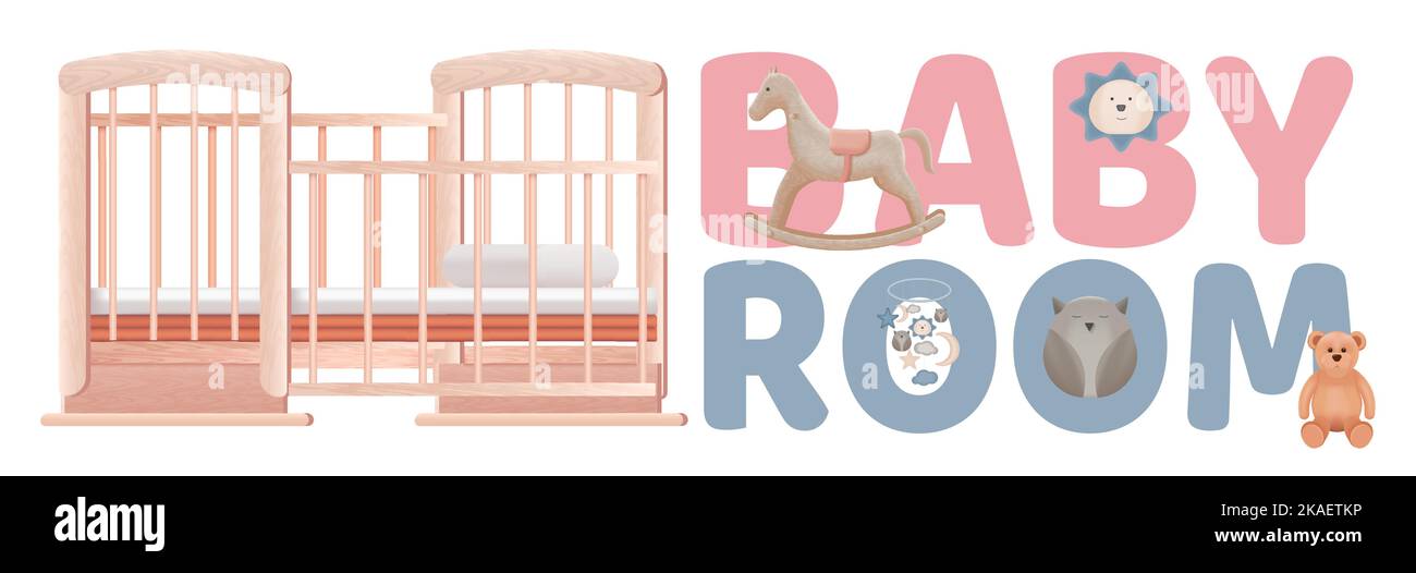Baby room text with realistic crib and cute toys on white background ...