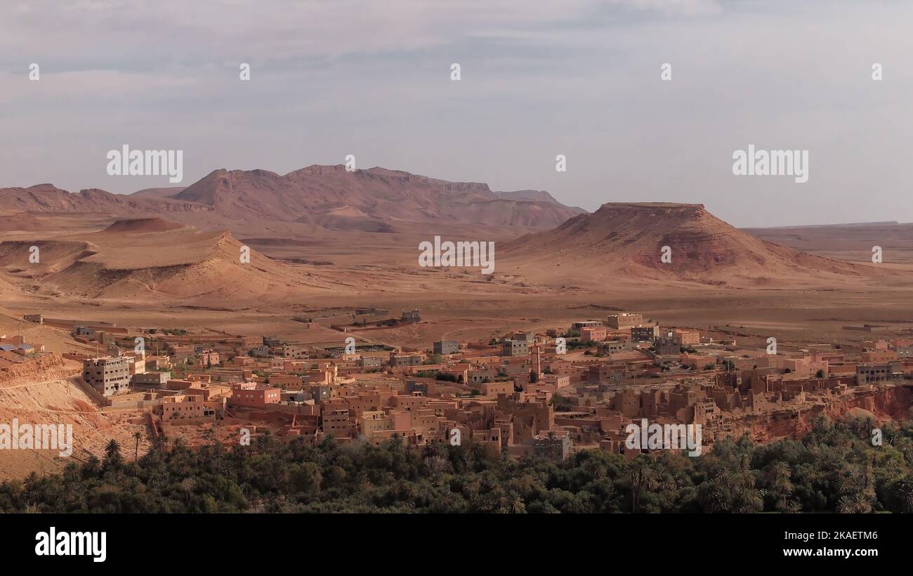 An aerial view of the beautiful Tafilalet Oasis and the town of Erfoud ...