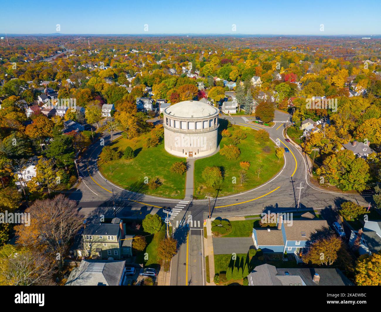 Arlington Reservoir aerial view in fall on Park Circle in town of ...