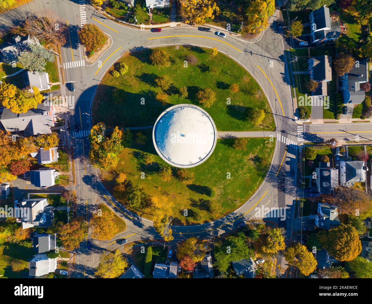 Arlington Reservoir aerial view in fall on Park Circle in town of ...