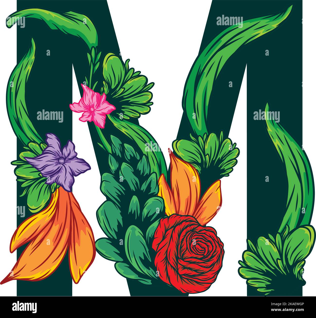 A vector of the capital M letter with green leaves and floral patterns ...