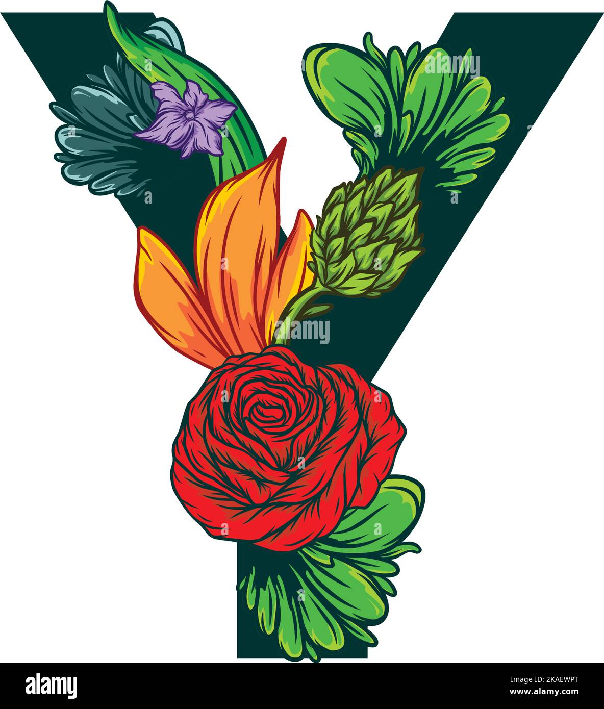 The letter y with a floral pattern isolated on white background ...