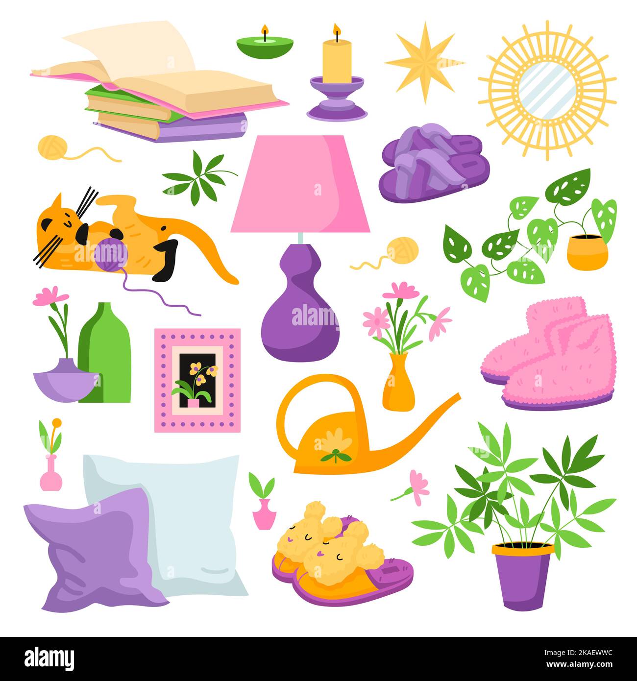 Flat set of various objects for cozy home interior with candles ...