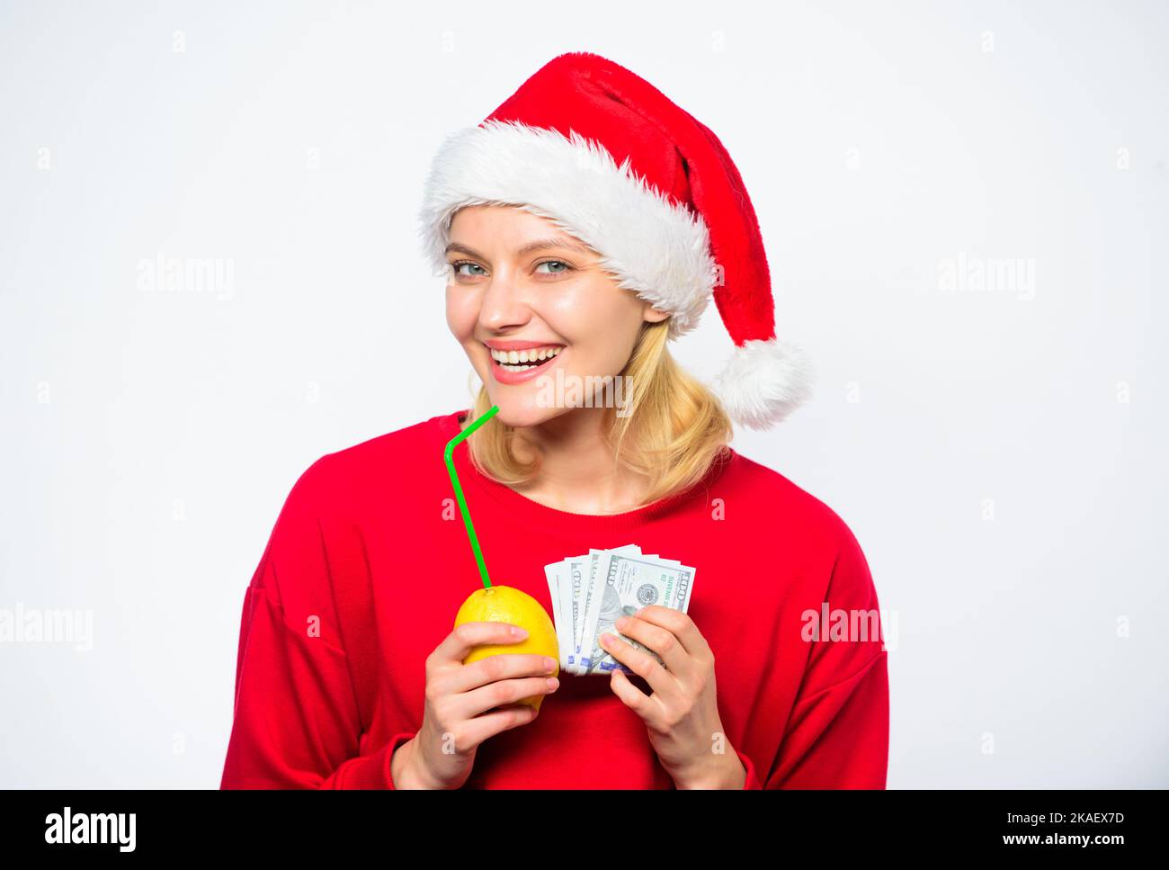 Make money on fresh lemonade. Christmas profit concept. Lemon money ...