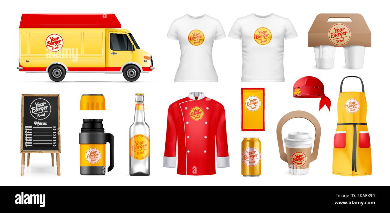 Realistic corporate identity fast food restaurant mockup set with ...