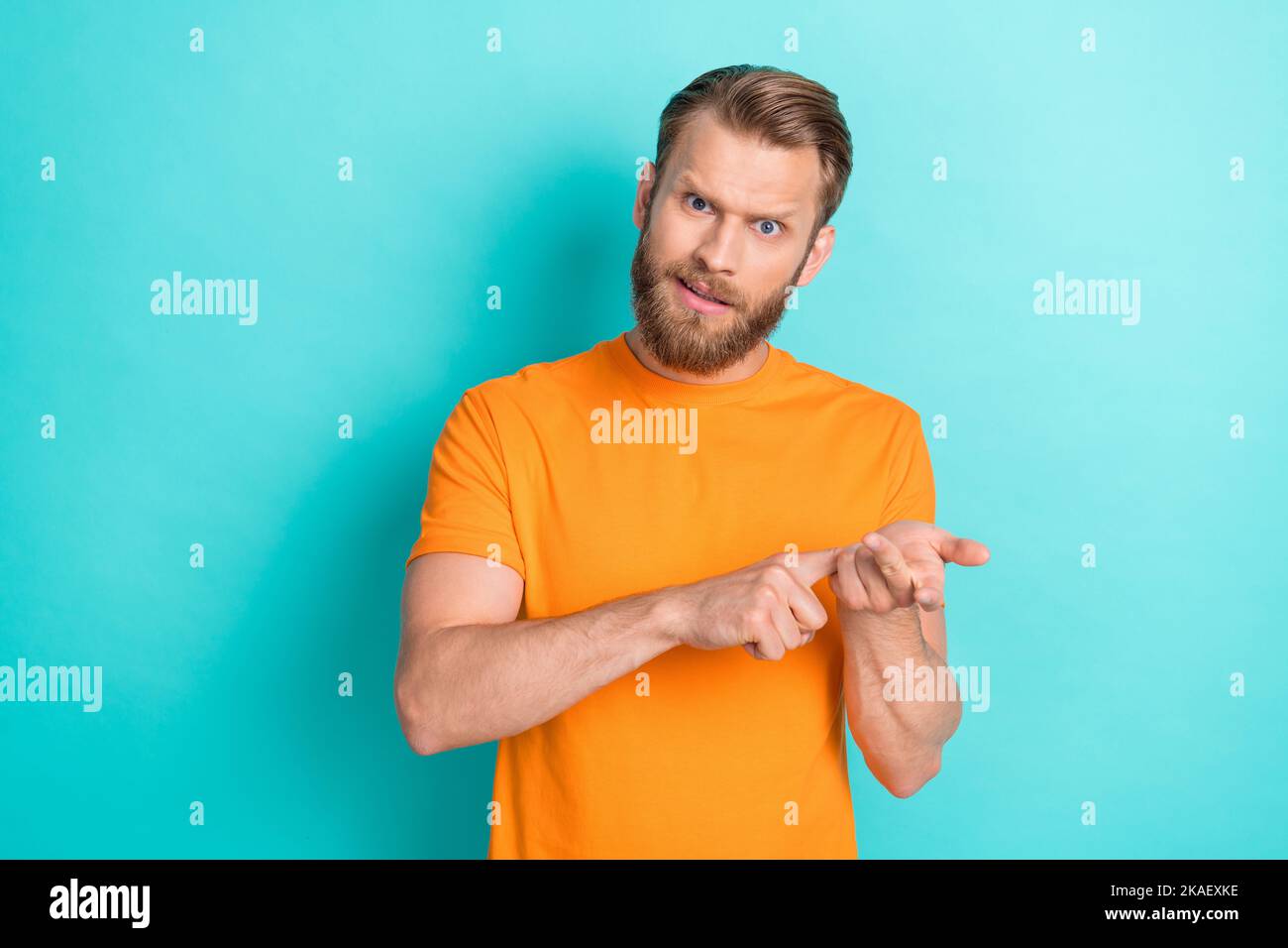 Portrait of unsatisfied person arms fingers counting scolding isolated ...