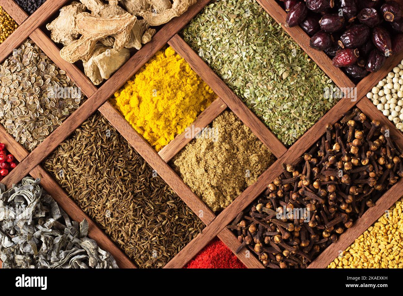 Various condiments with showcases of Indian market. Colorful spices and ...