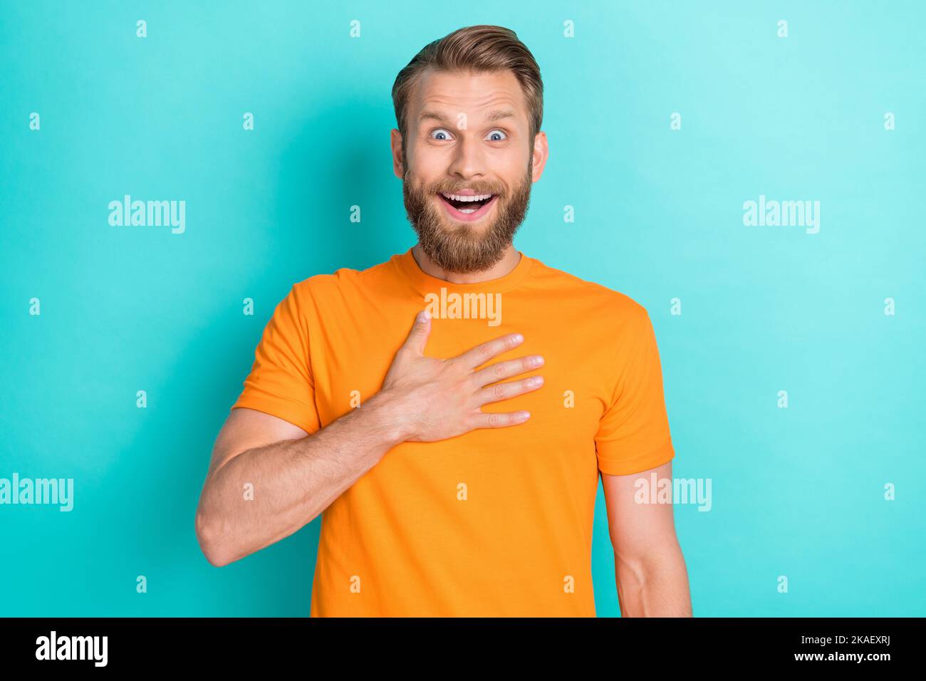 Portrait of astonished impressed person arm touch chest cant believe ...