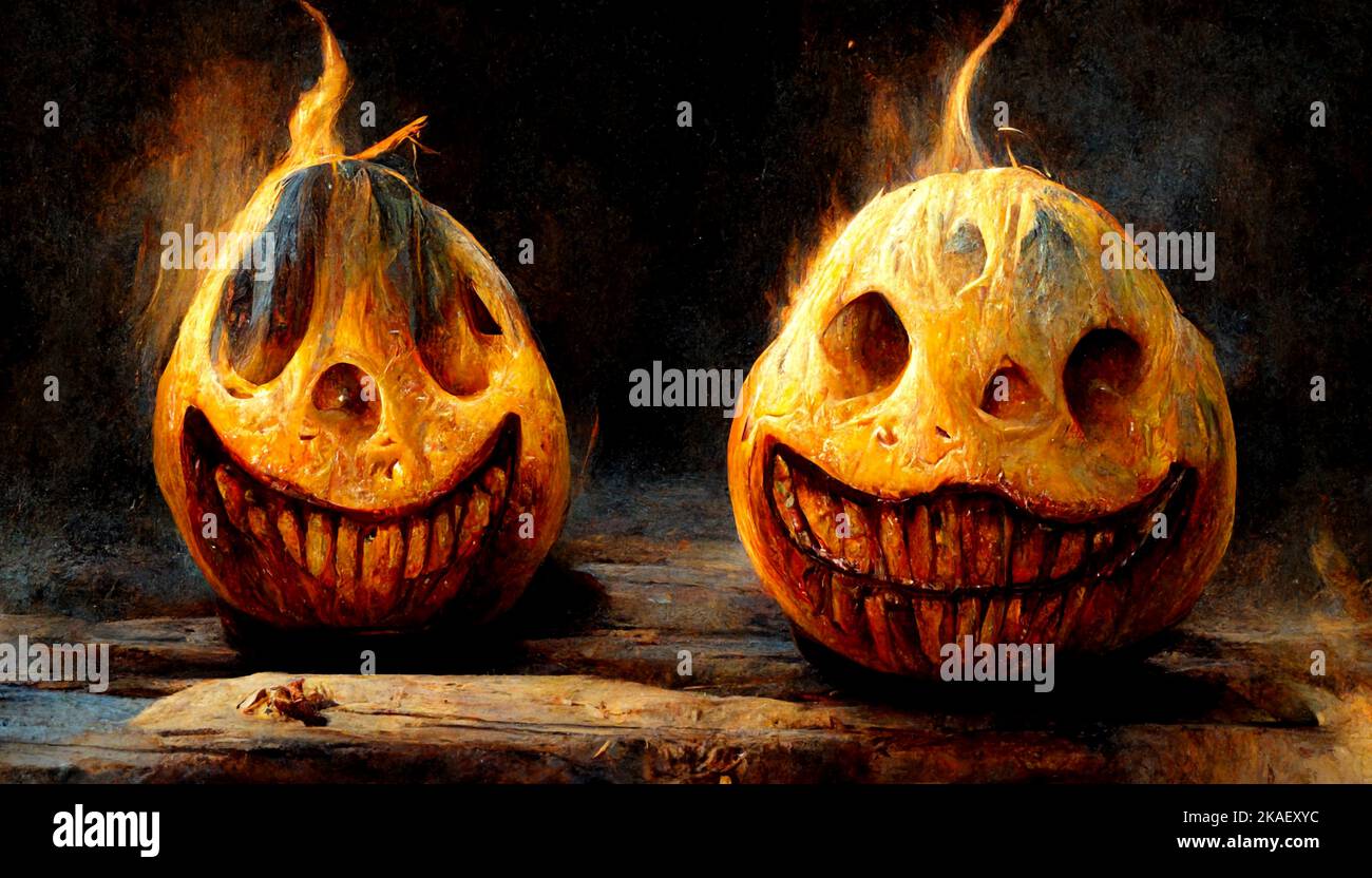 scary and flaming pumpkins with a sly smile, flames, burning pumpkins ...