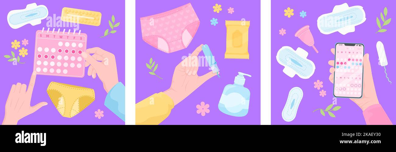 Menstruation period hygiene flat set with three square compositions of ...