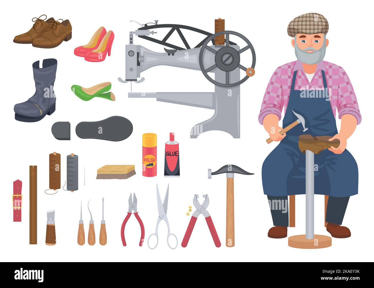 Shoes repairing service flat set with isolated icons of boots cobbler ...