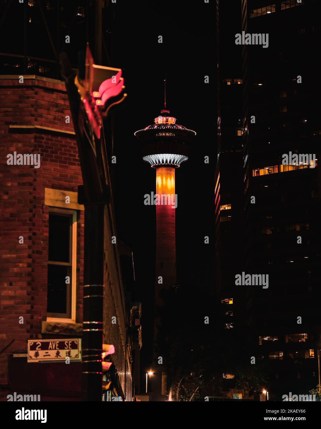 A vertical shot of the Calgary tower at night seen from afar Stock ...