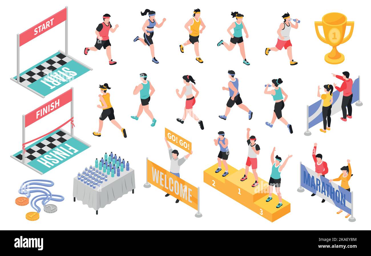 Isometric marathon icons set with running males and girls isolated ...