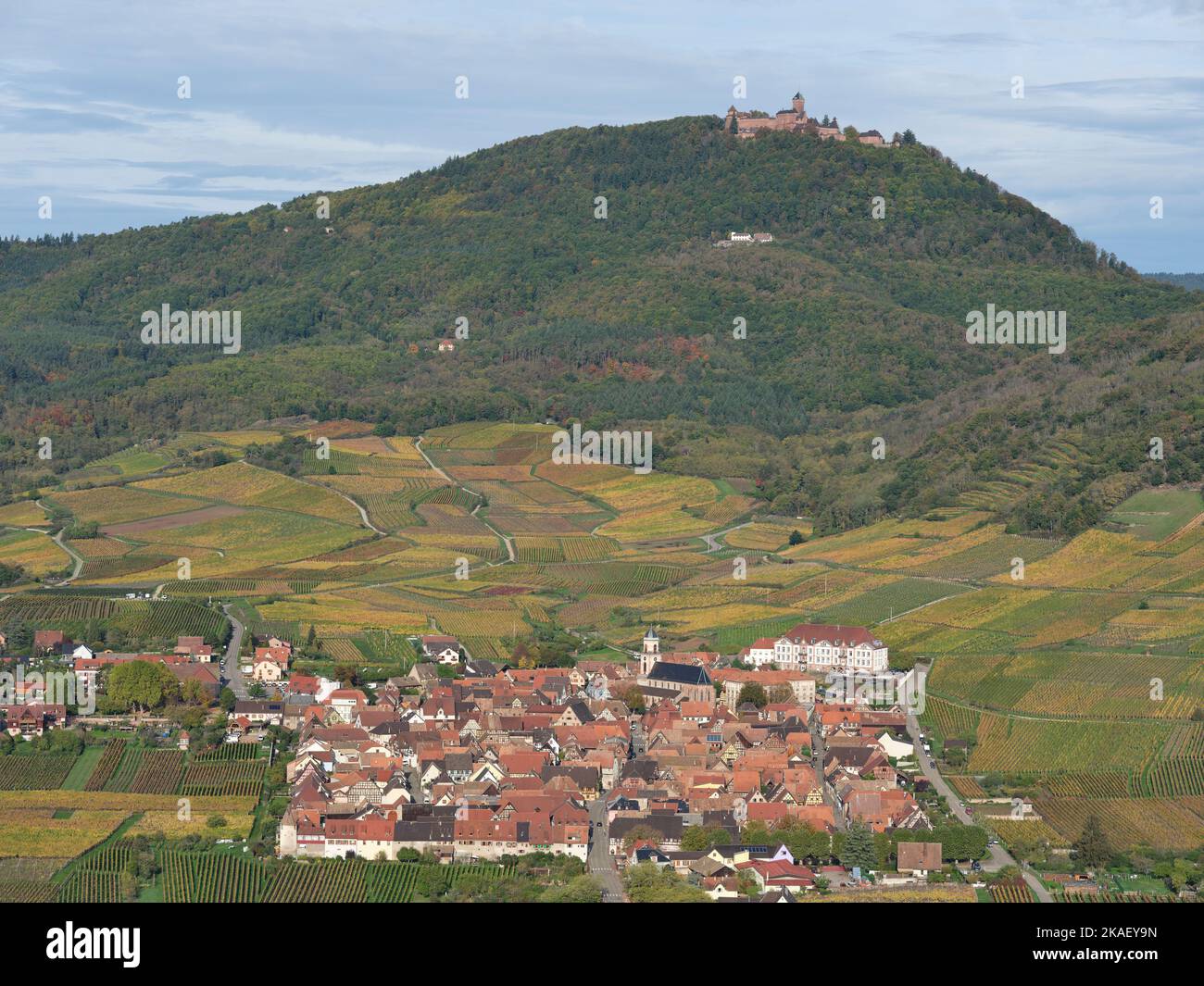AERIAL VIEW. Medieval village at the foothill of the Vosges Mountains ...
