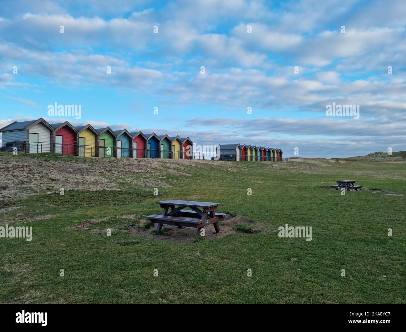 A beautiful shot the colorful Blyth beach huts in Northumberland Stock ...