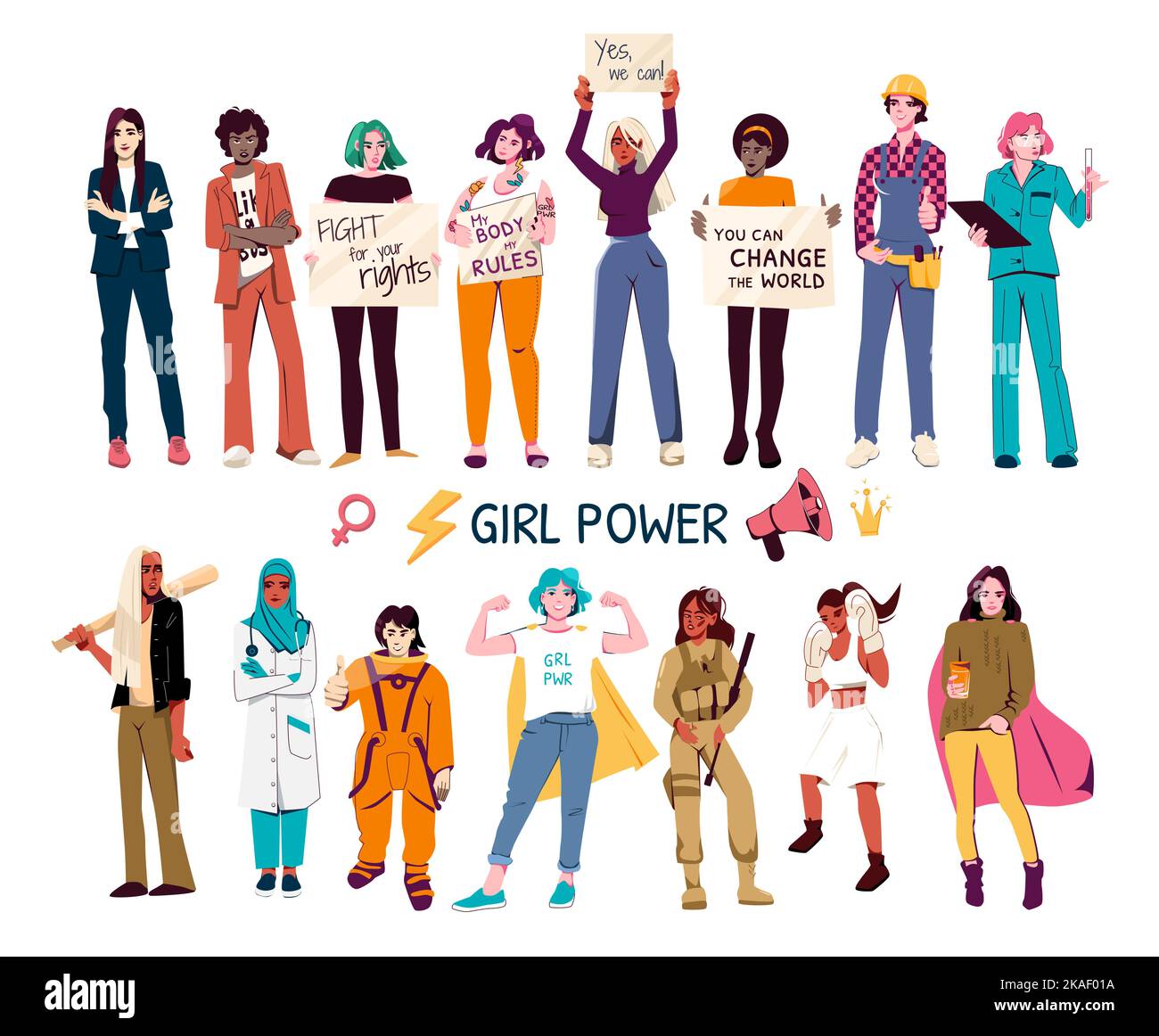 Girl power flat set of female characters of different ethnicity ...
