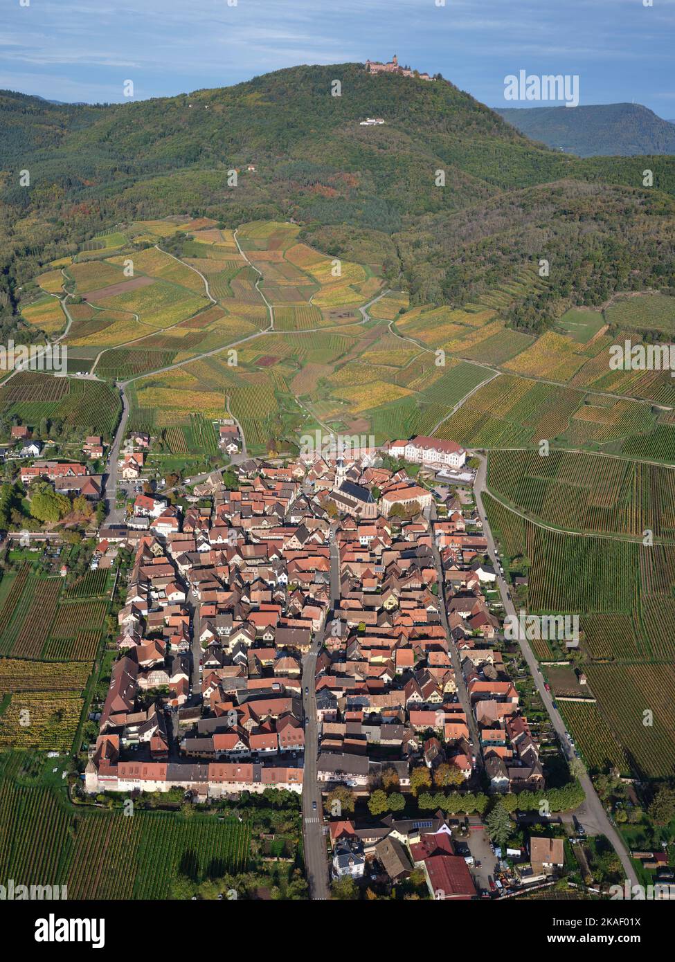 AERIAL VIEW. Medieval village at the foothill of the Vosges Mountains ...