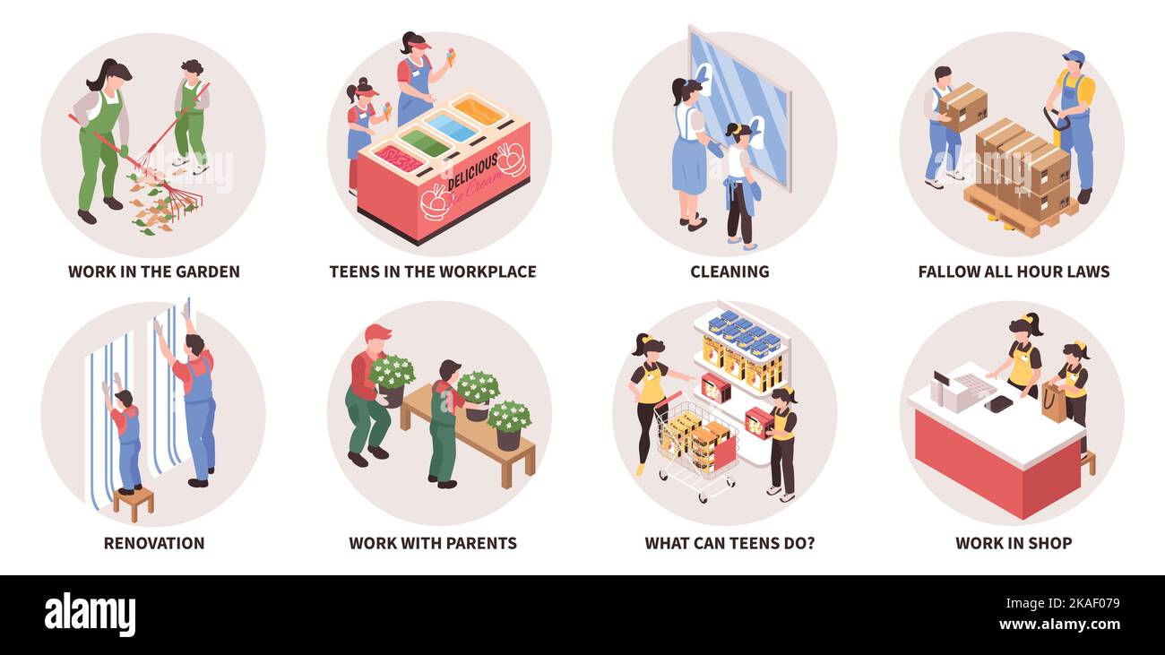 Teenagers work isometric composition set with young people working in ...