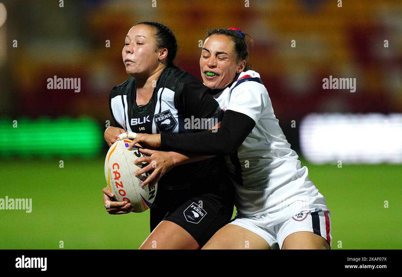 New Zealand's Raecene McGregor is tackled by France's Alice Varela ...