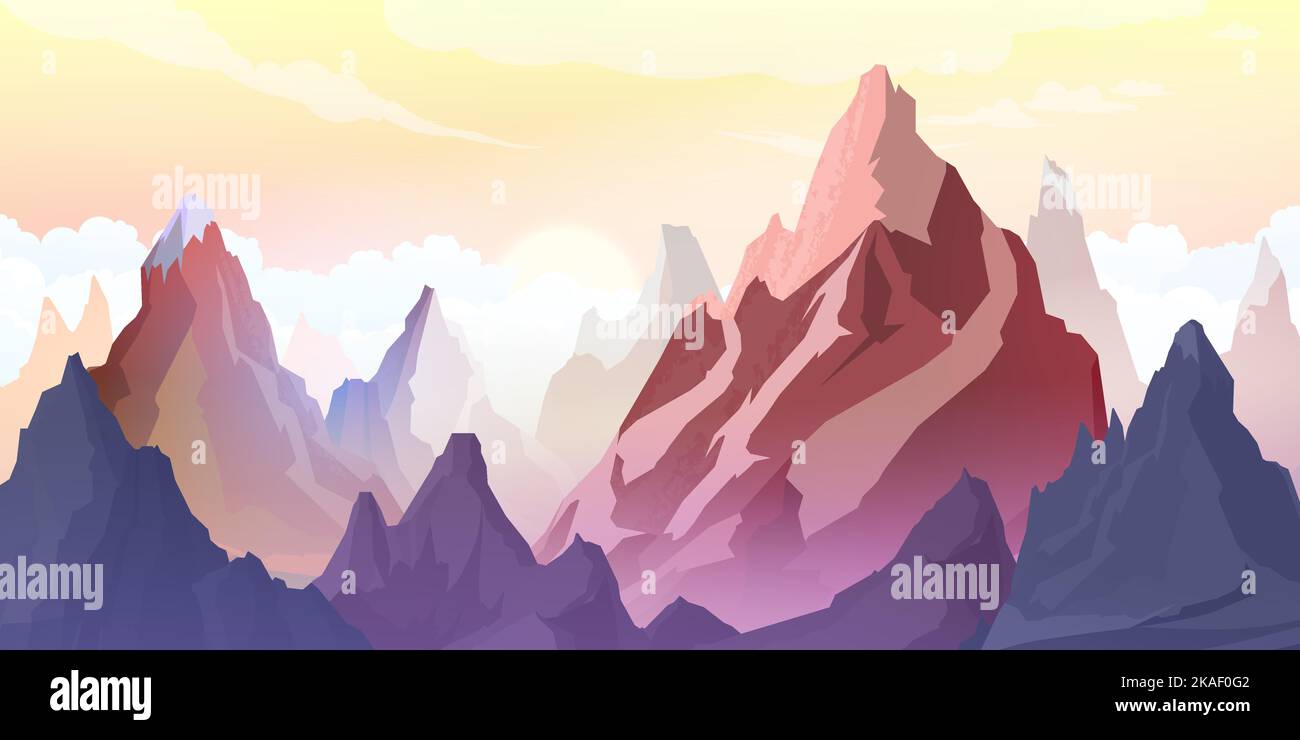 Flat landscape of high mountain peaks on background with sky sun and ...