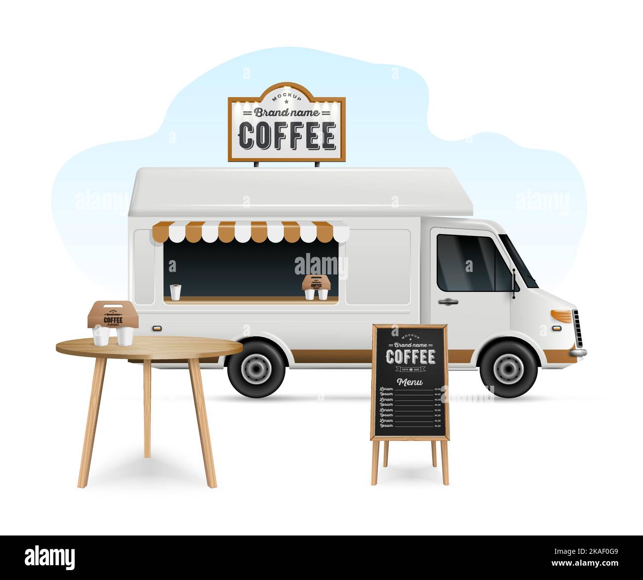 Realistic coffee shop food truck template with table and menu board ...