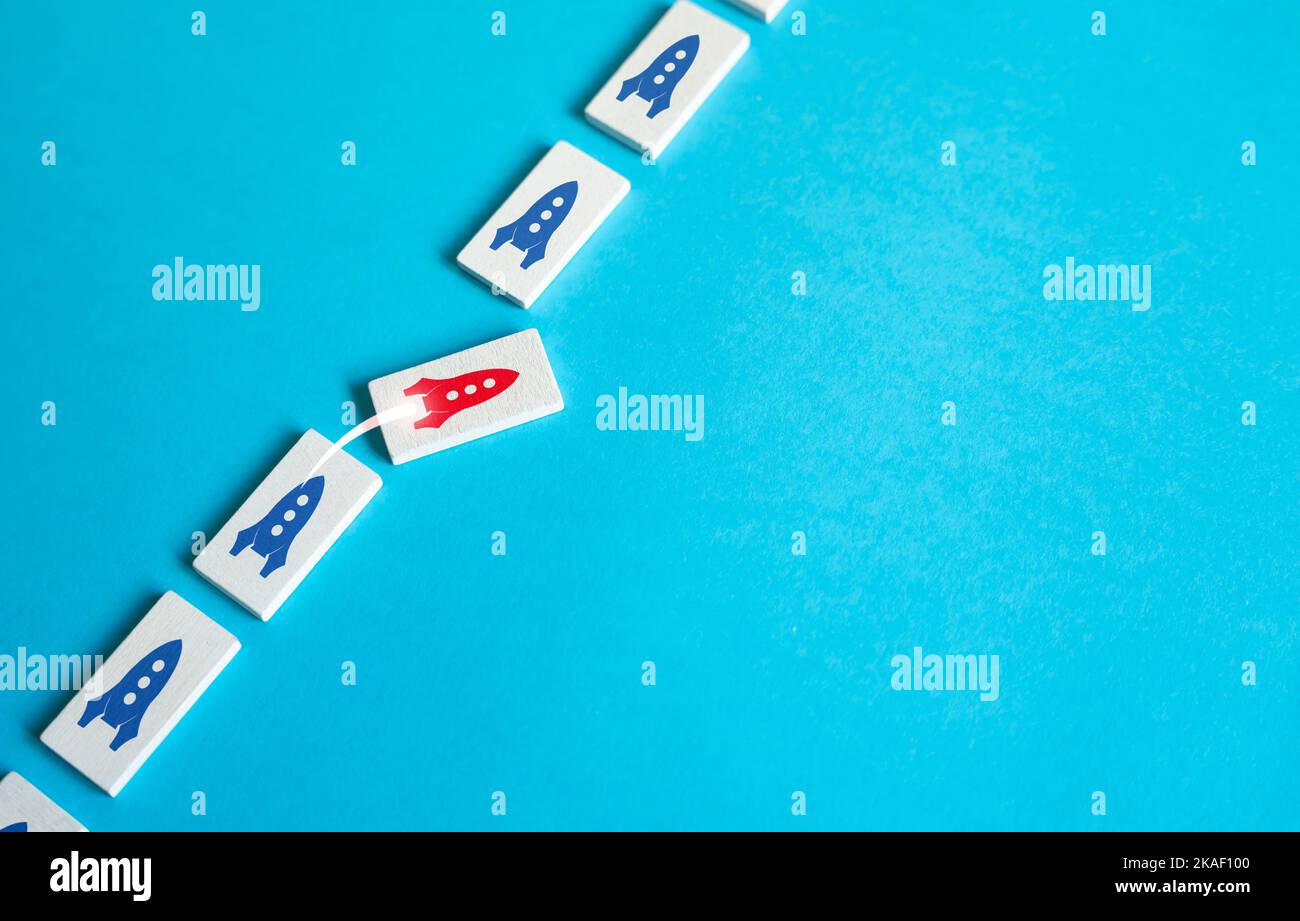 Startup rocket takes off to success. Successful business start. High ...