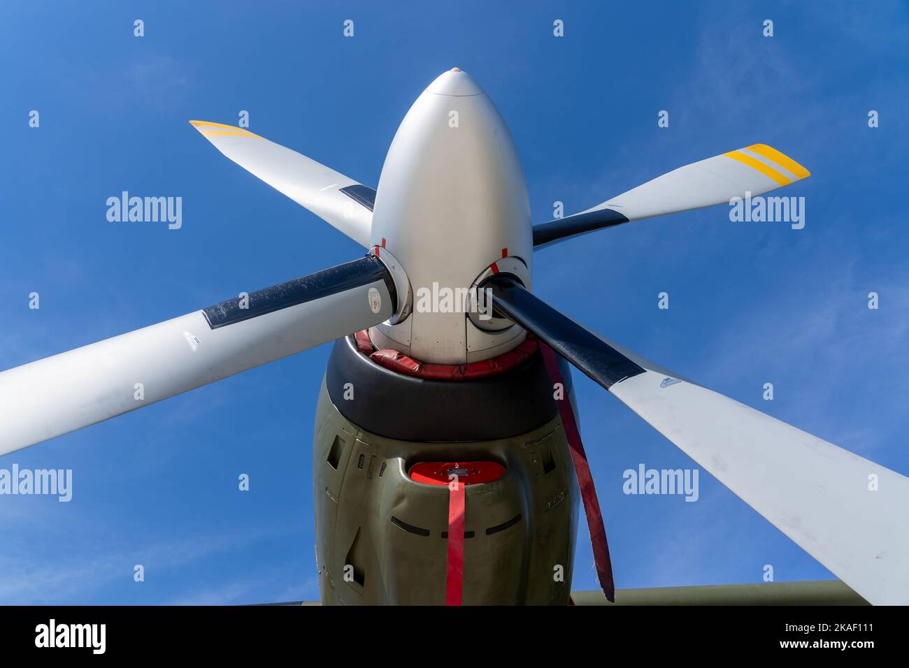 A low angle of aviation propeller of military aircraft transall c160 ...
