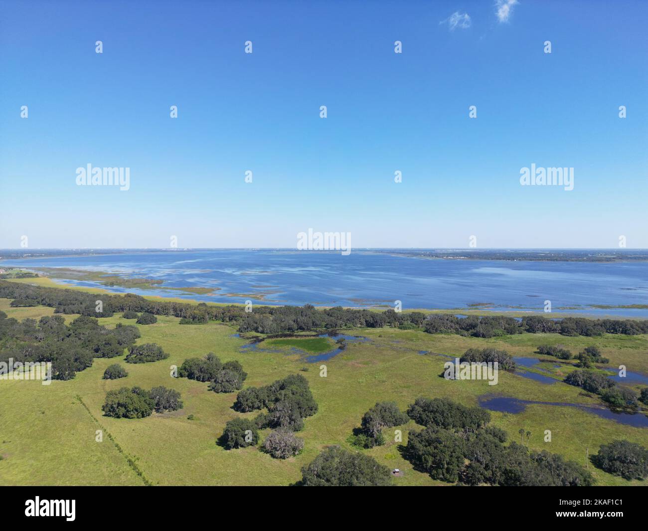 A top view of the lake Lake Tohopekaliga and surrounding fields in ...